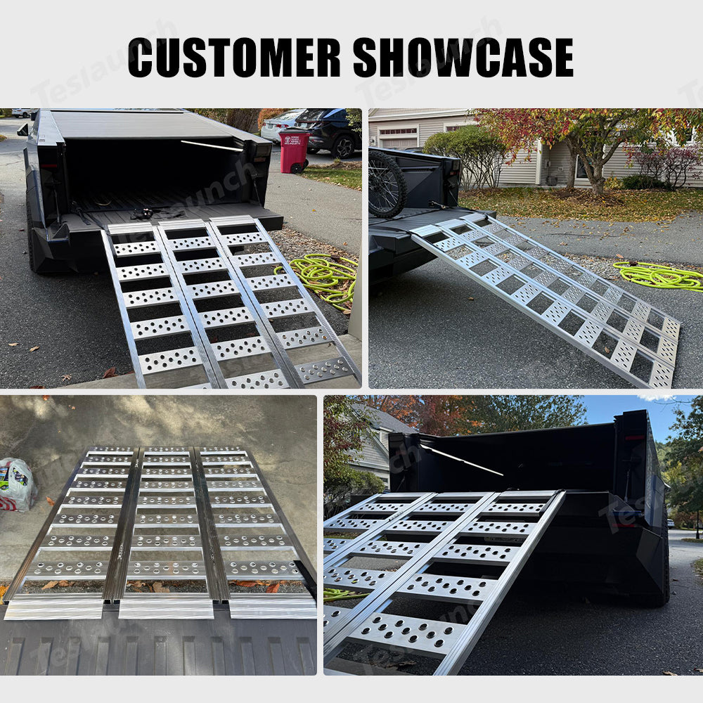 Full-Width Aluminum Tri-Fold Ramps with Load Straps for Cybertruck ...