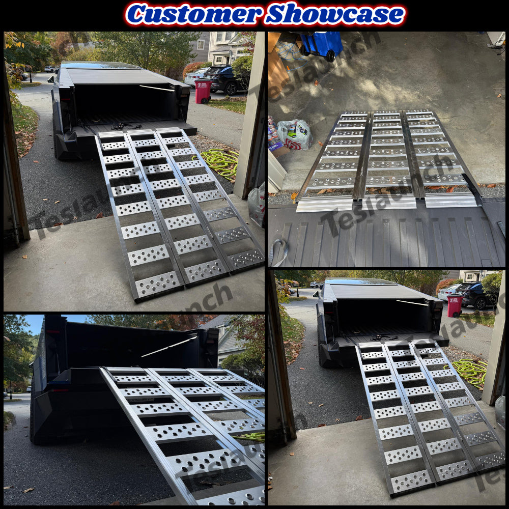 Full-Width Aluminum Tri-Fold Ramps with Load Straps for Cybertruck ...